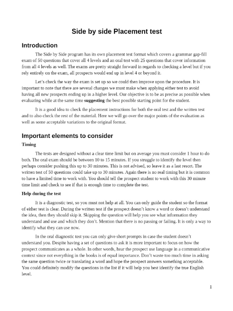 Side by Side Placement Test | PDF
