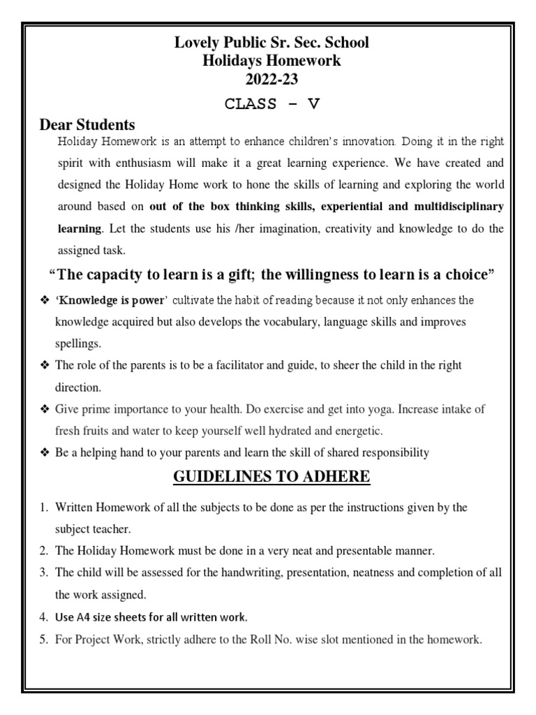 Class 5 Holidays Homework (2022-23) | PDF | Homework | Learning