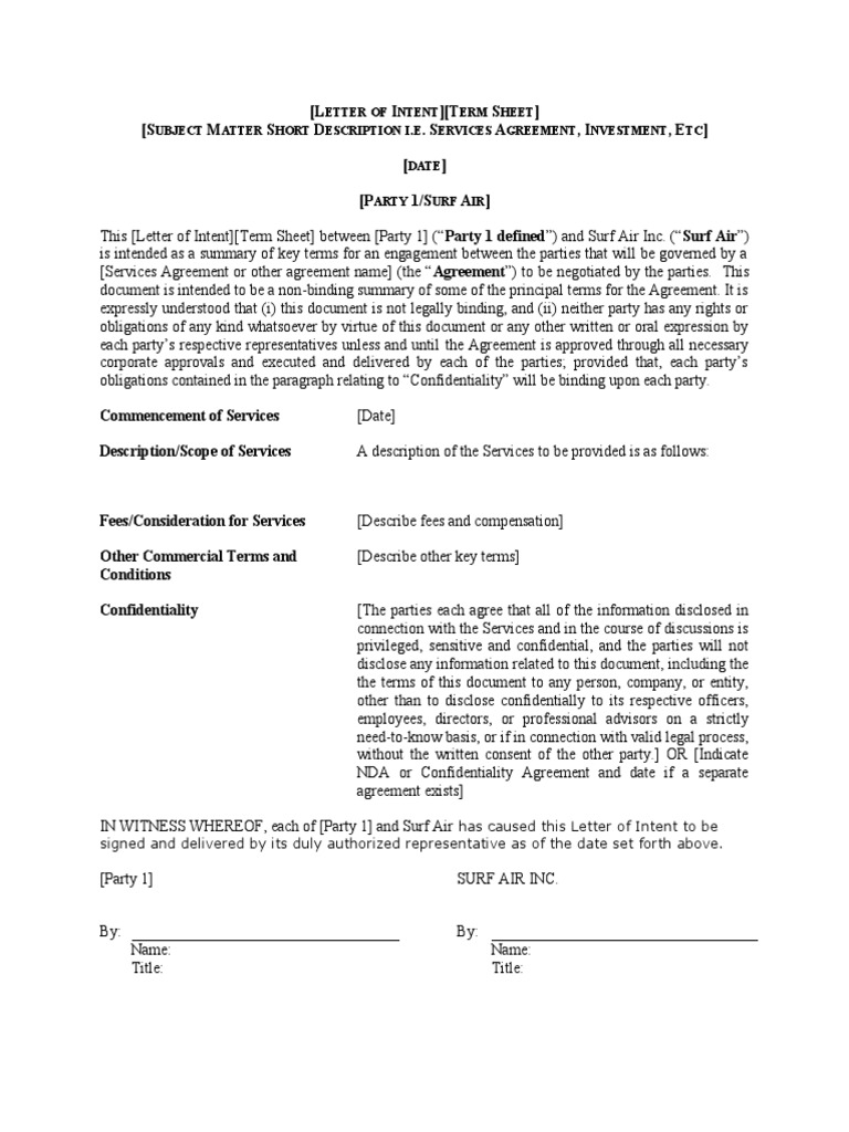 Letter of Intent or Term Sheet Template | Download Free PDF | Non ...
