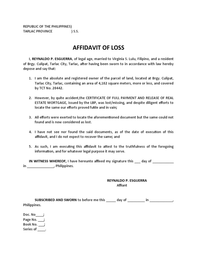 AFFIDAVIT OF LOSS LBP | PDF