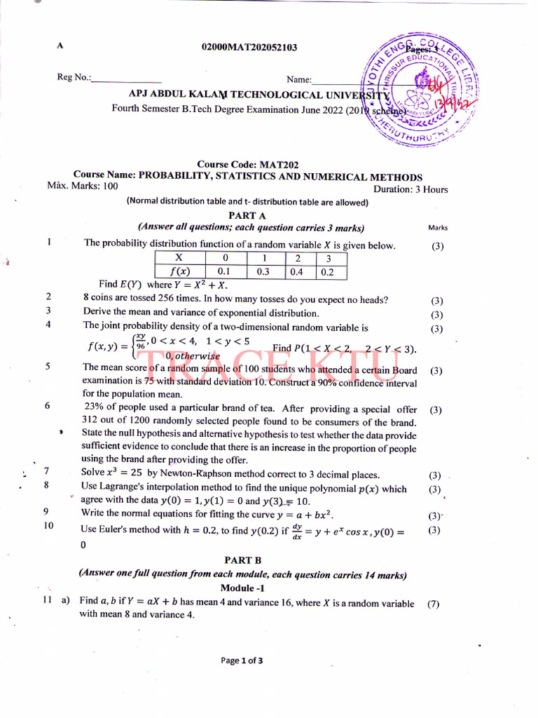Mat202 Probability, Statistics and Numerical Methods, June 2022 | PDF | Probability Distribution ...