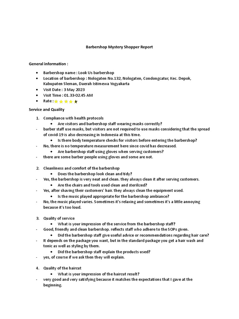 Barbershop Mystery Shopper Report | PDF | Hairstyle | Human Hair
