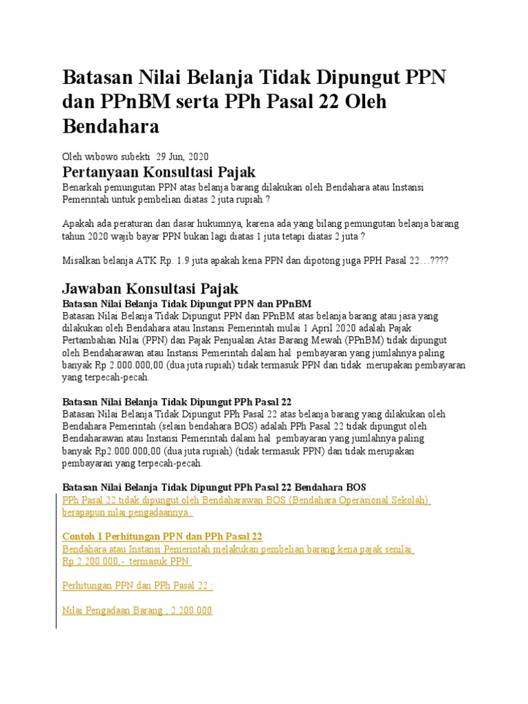 Batasan Nilai Belanja Tidak Dipungut PPN Dan PPNBM Serta PPH Pasal 22 Oleh Bendahara | PDF ...