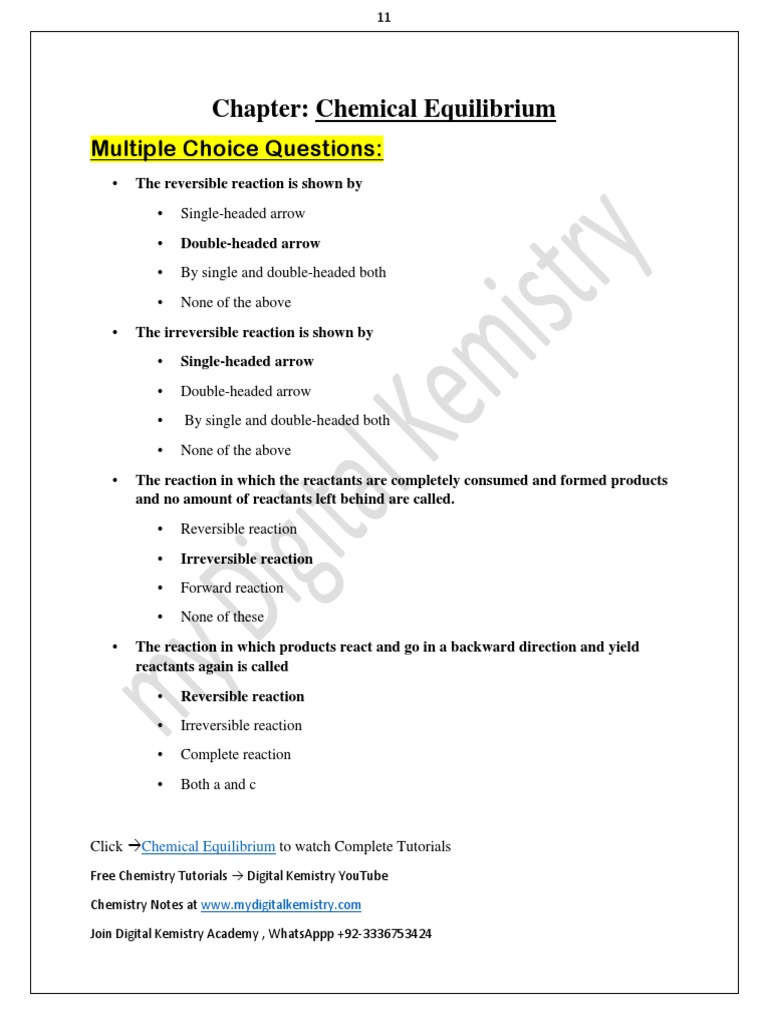 Chemical Equilibrium Class 10 Mcqs PDF | PDF | Chemical Equilibrium | Concentration