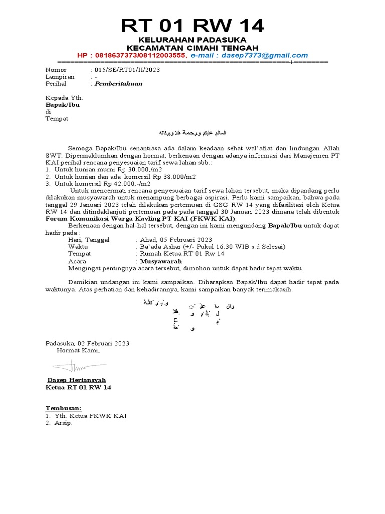 015 - Surat Undangan Musyawarah Bagi Warga RT 01 RW 14 | PDF