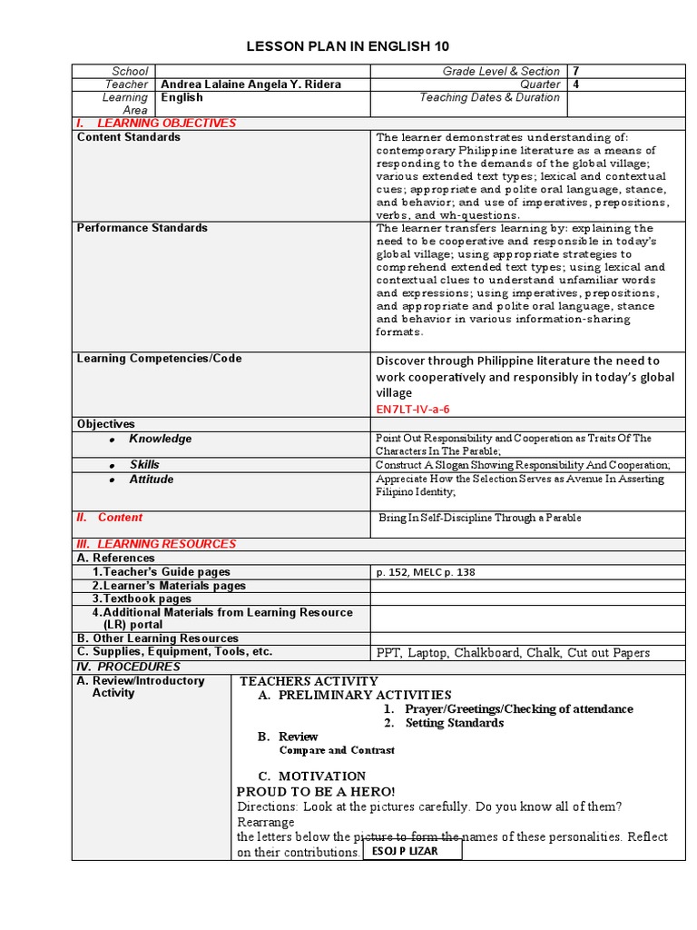 Ridera DLP Eng g10 q1 Melc 5 Week 5 | PDF | Learning | Teachers