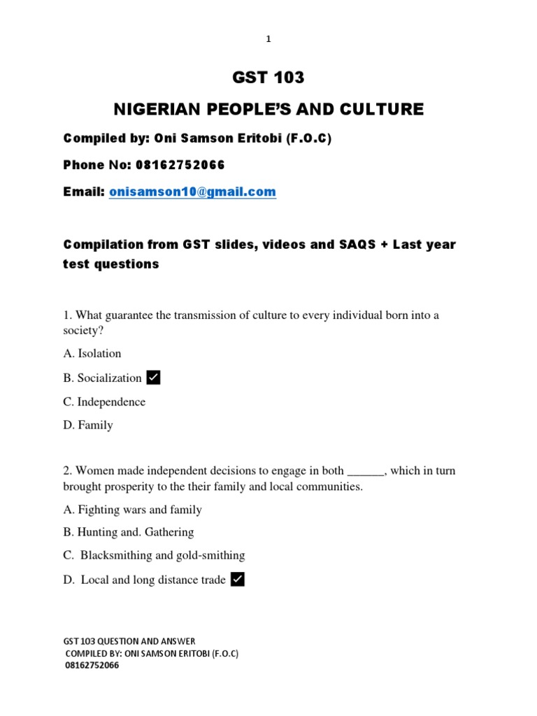 GST103 Questions & Answer | PDF | Nigeria | Atlantic Slave Trade