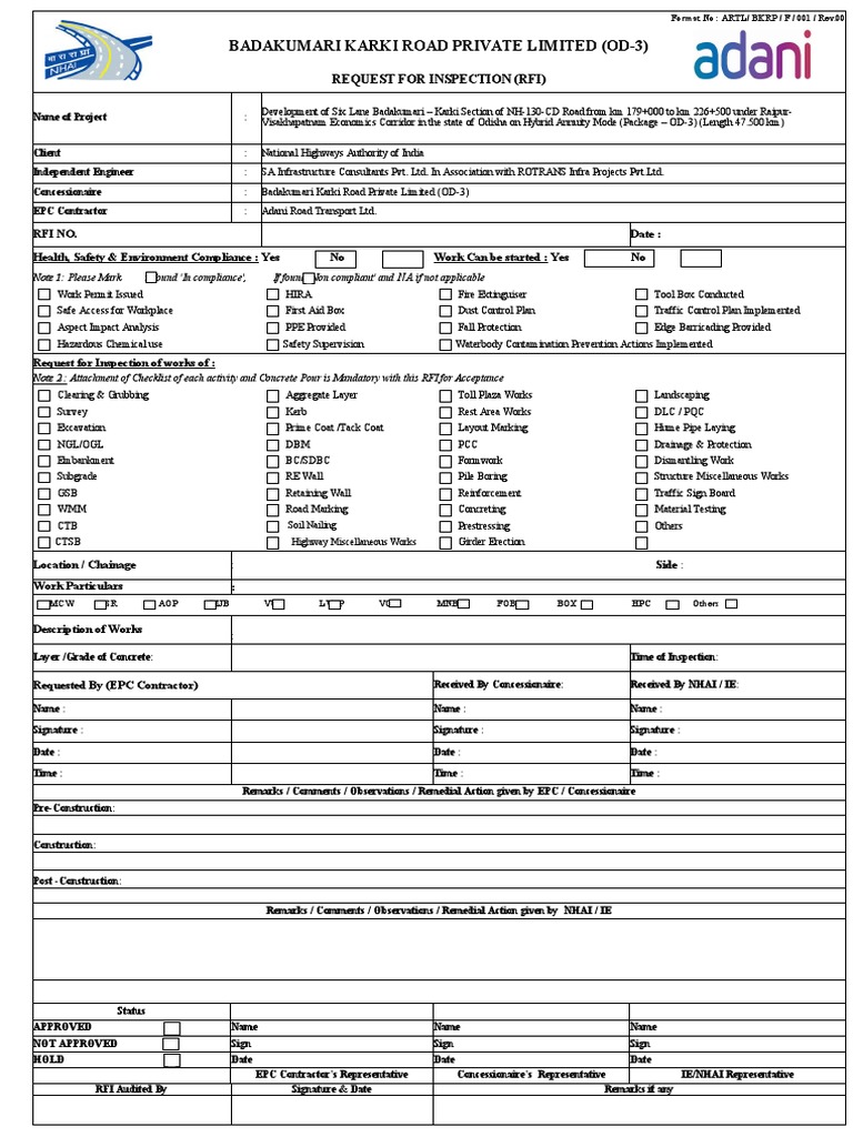 r1 - Rfi Format BKRPL | PDF | Road | Concrete