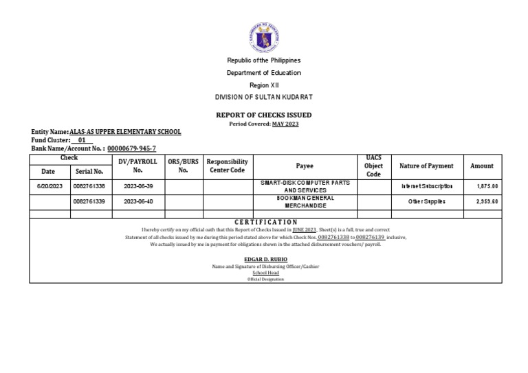 Report of Checks Issued - May 2023 | PDF | Business | Services (Economics)