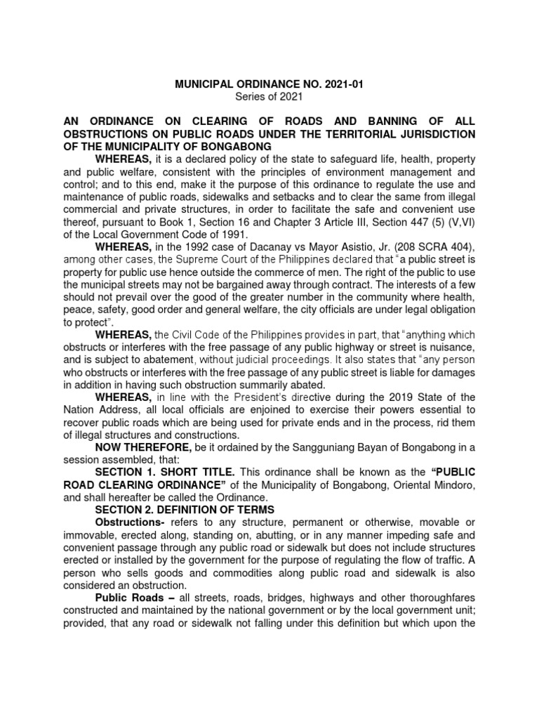 Municipal Ordinance No. 2021-01 | PDF | Road | Sidewalk