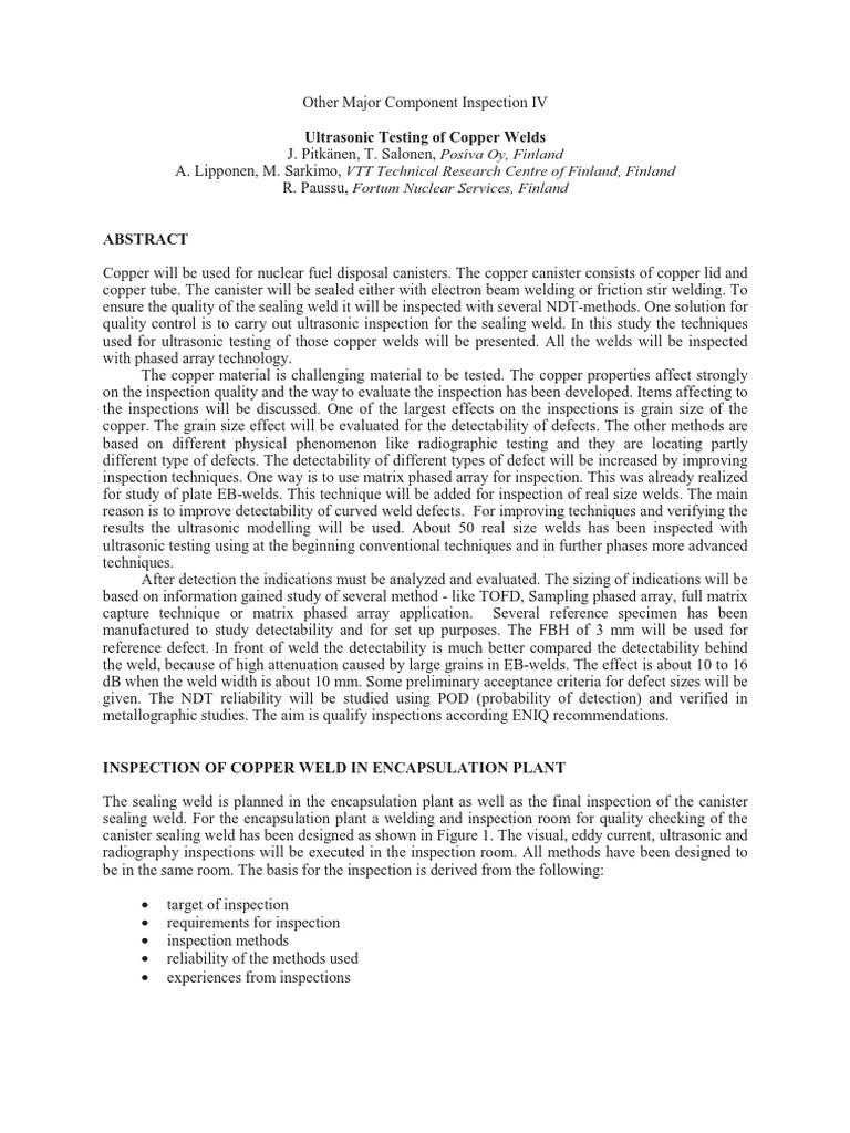 121 Ultrasonic Testing of Copper Welds | PDF | Nondestructive Testing ...