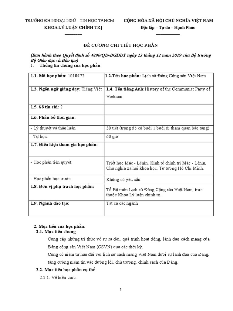 Đề cương Lịch sử Đảng CSVN, 8 tuần (HÈ) | PDF