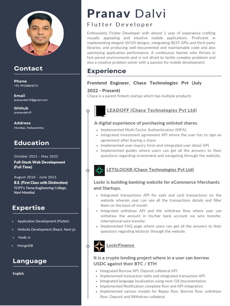 Pranav Dalvi: Flutter Developer Profile | PDF | Mobile App | Information Technology Management