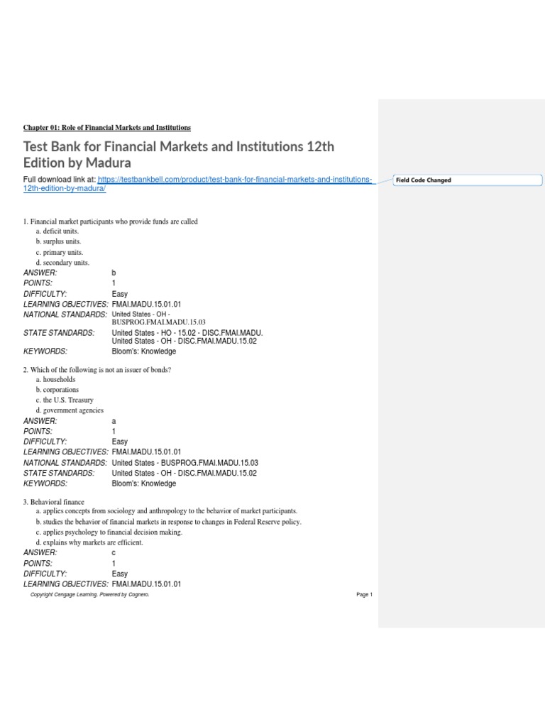 Test Bank For Financial Markets and Institutions 12th Edition by Madura ...