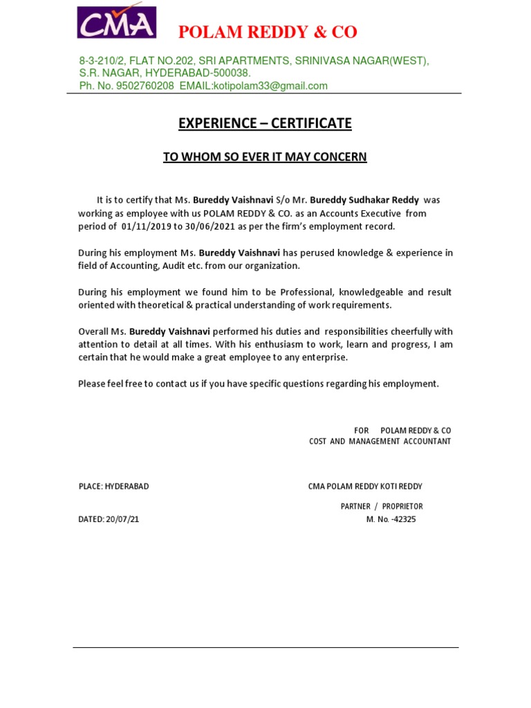 Bureddy Vaishnavi Experience Letter | PDF
