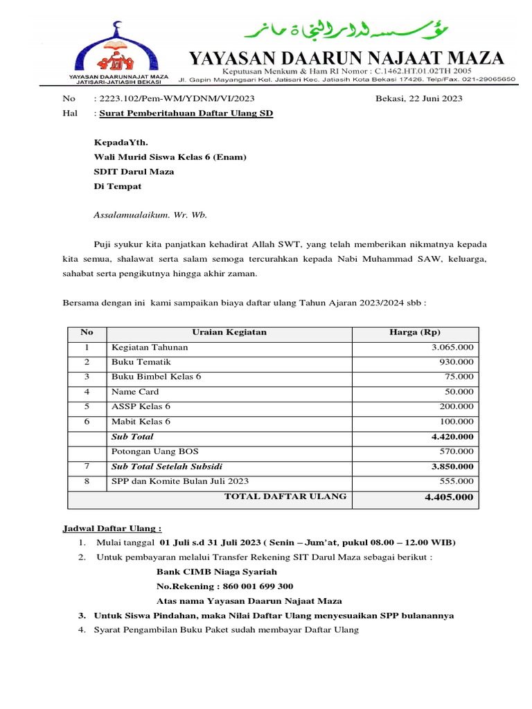 Pemberitahuan Daftar Ulang Kelas 6 Tahun 2324 (2223.102) | PDF