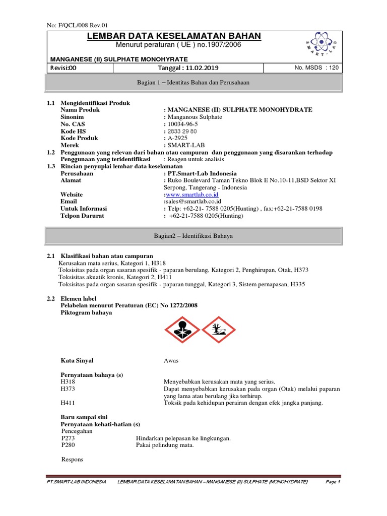 Msds Manganese (II) Sulphate Monohydrate (Indo) | PDF