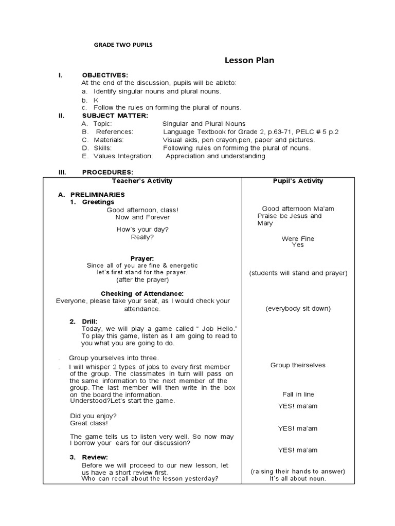 Detailed Lesson Plan in English Singular and Plural Nouns | PDF ...