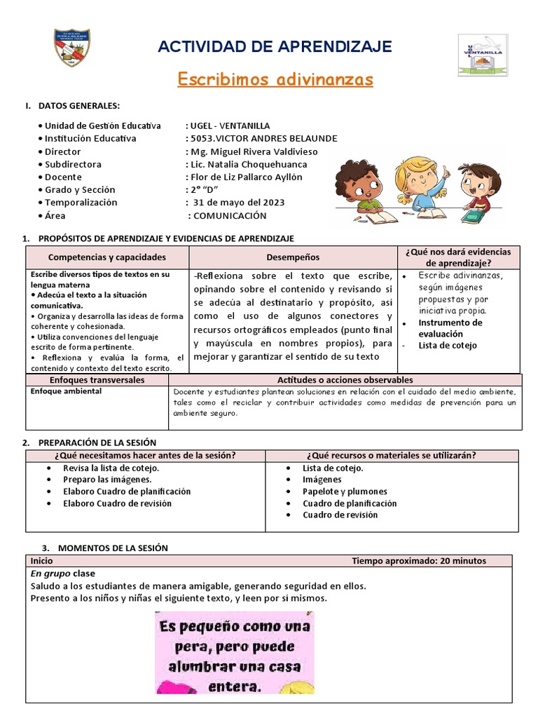Sesión Comunicación (Escribimos Adivinanzas) | PDF | Aprendizaje | Evaluación