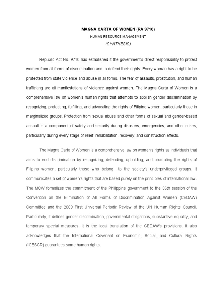 Jhodie Lynne M. Olaer-Magna Carta of Women - Synthesis | PDF | Gender Studies | Discrimination ...