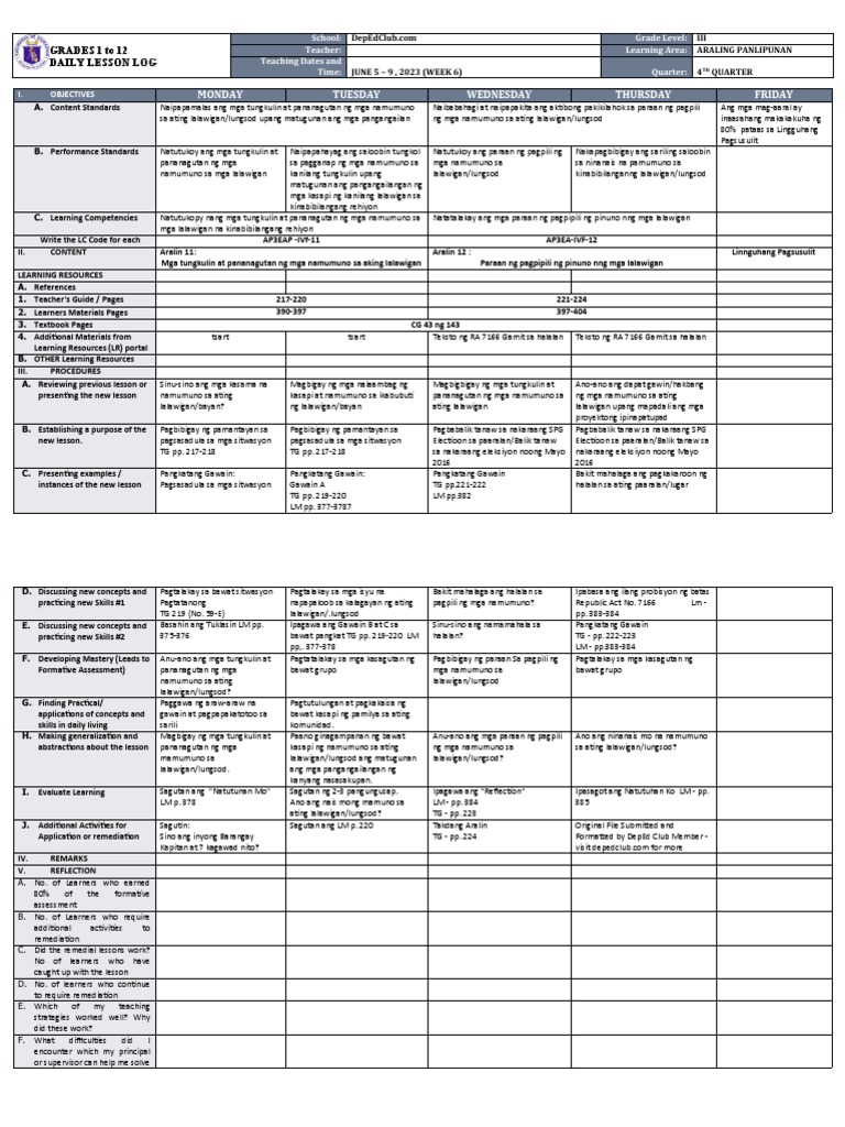 DLL_ARALING PANLIPUNAN 3_Q4_W6 | PDF