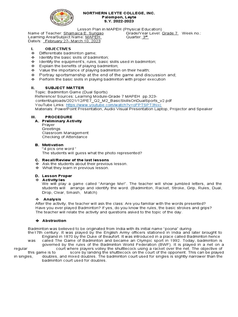 Lesson Plan in 3p.e 7 | PDF | Cognition | Learning