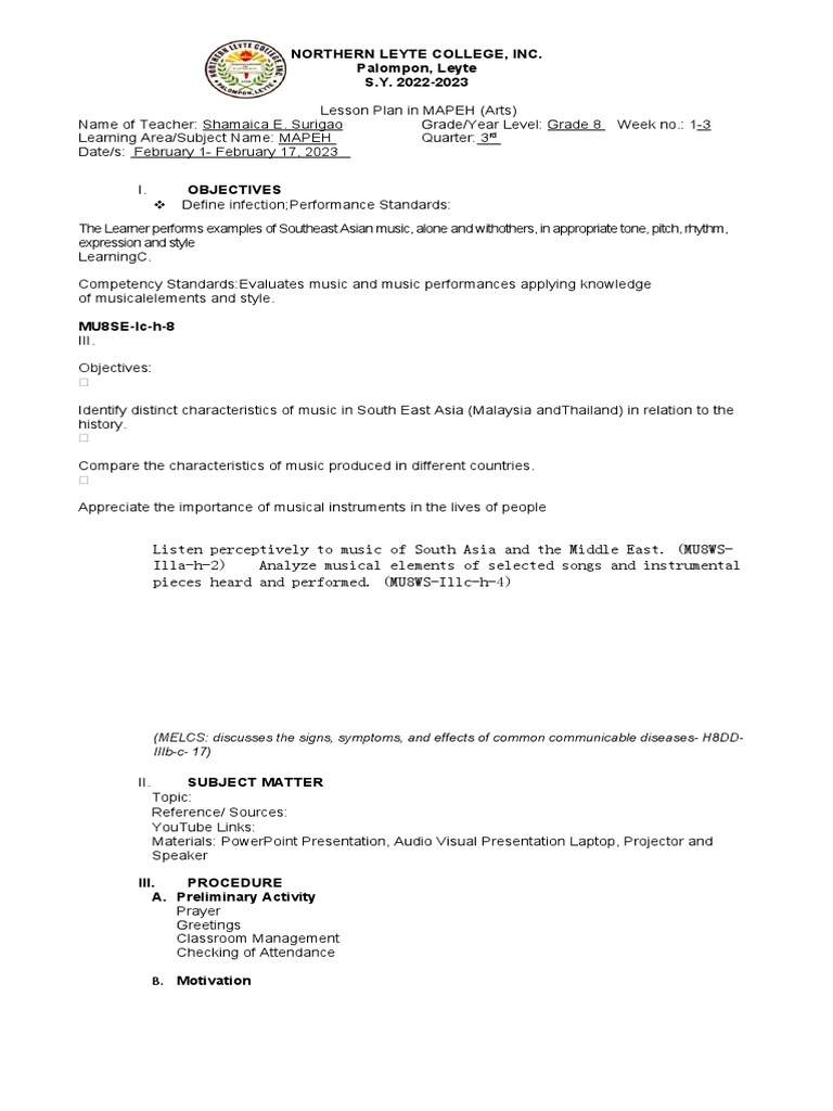 Grade 8 LP (3RD Quarter-2arts) | PDF | Learning | Lesson Plan
