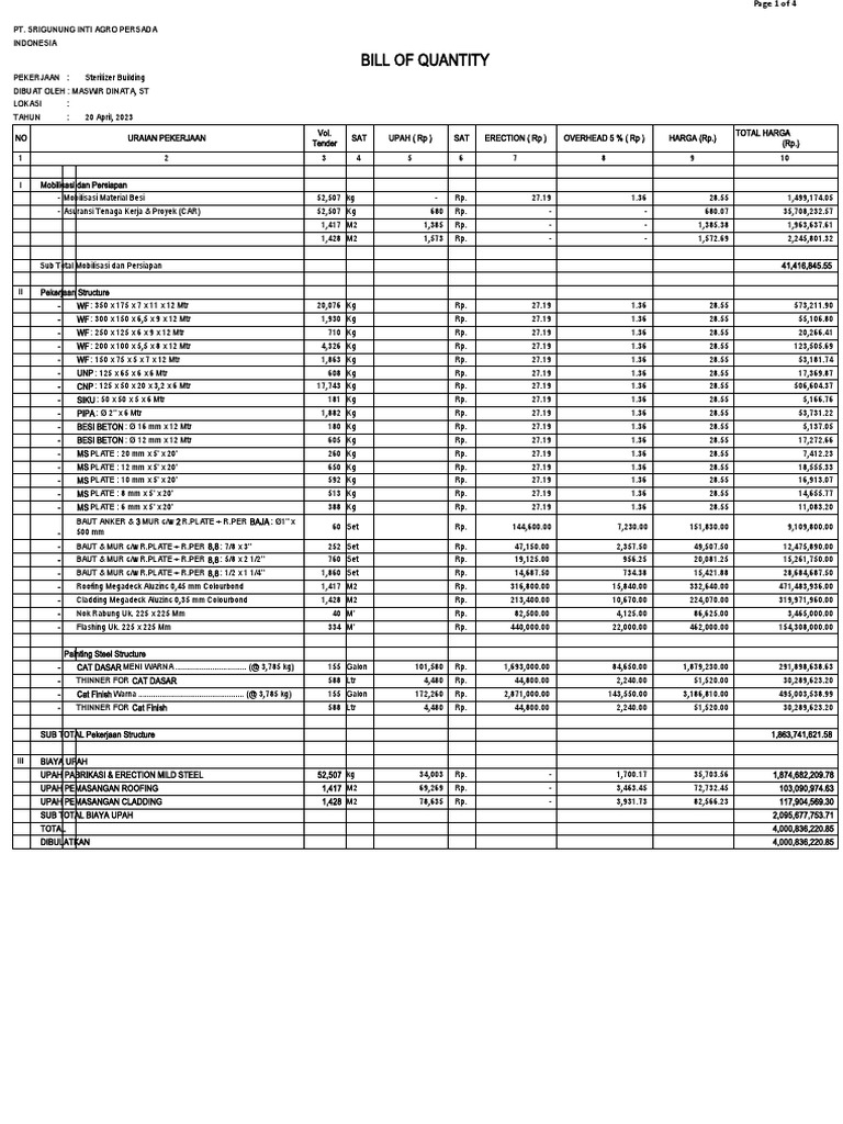 Boq Building PT Siap (Structure Work) 16-04-2023 | PDF