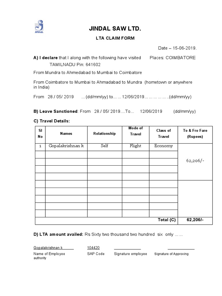 LTA CLAIM FORM | PDF