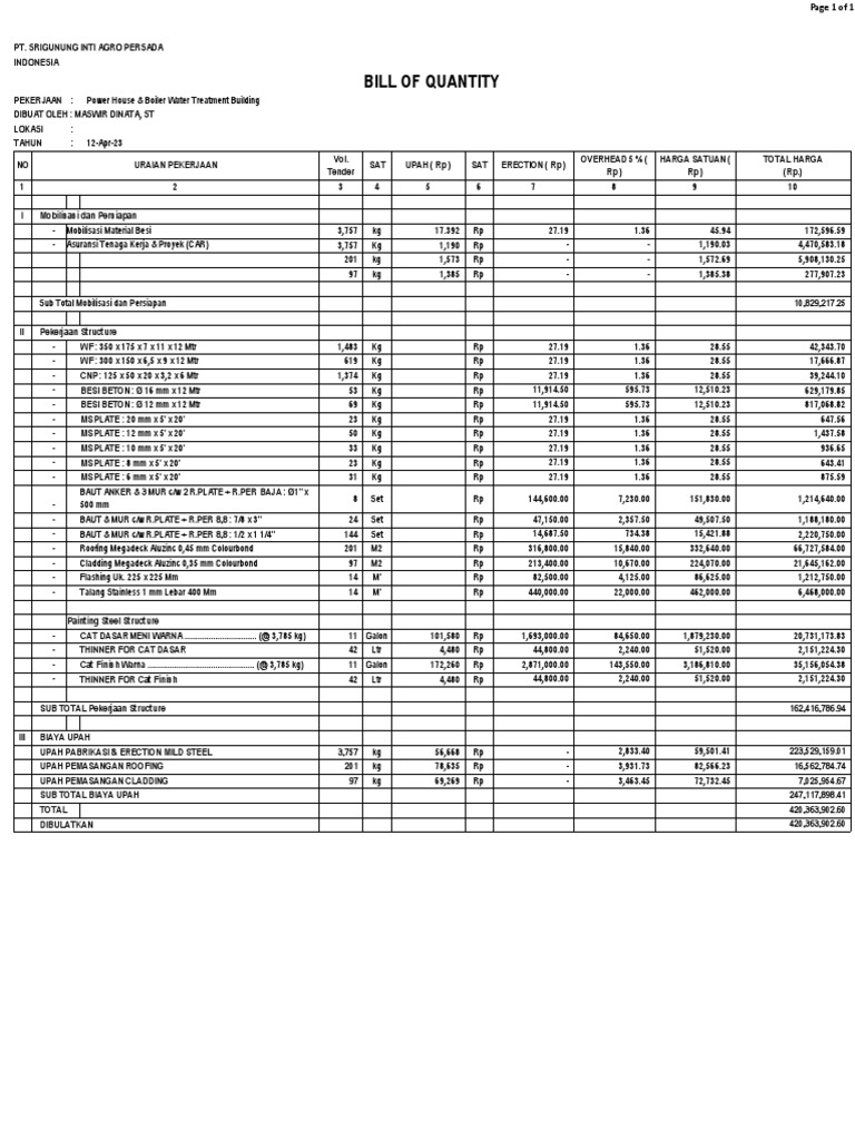 Boq Building PT Siap (Structure Work) 12-04-2023 | PDF