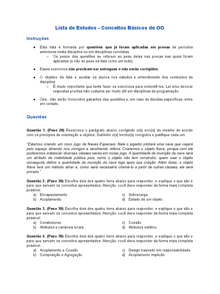 Lista de Estudos - Conceitos Básicos de OO e Design de Classes | PDF ... Lista de Estudos - Conceitos Básicos de OO e Design de Classes | PDF ...