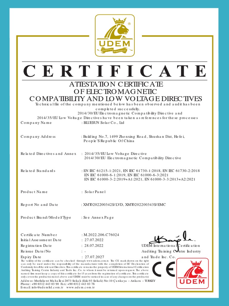 UDEM Certificate of Compliance for Solar Panels | PDF | Electricity ...