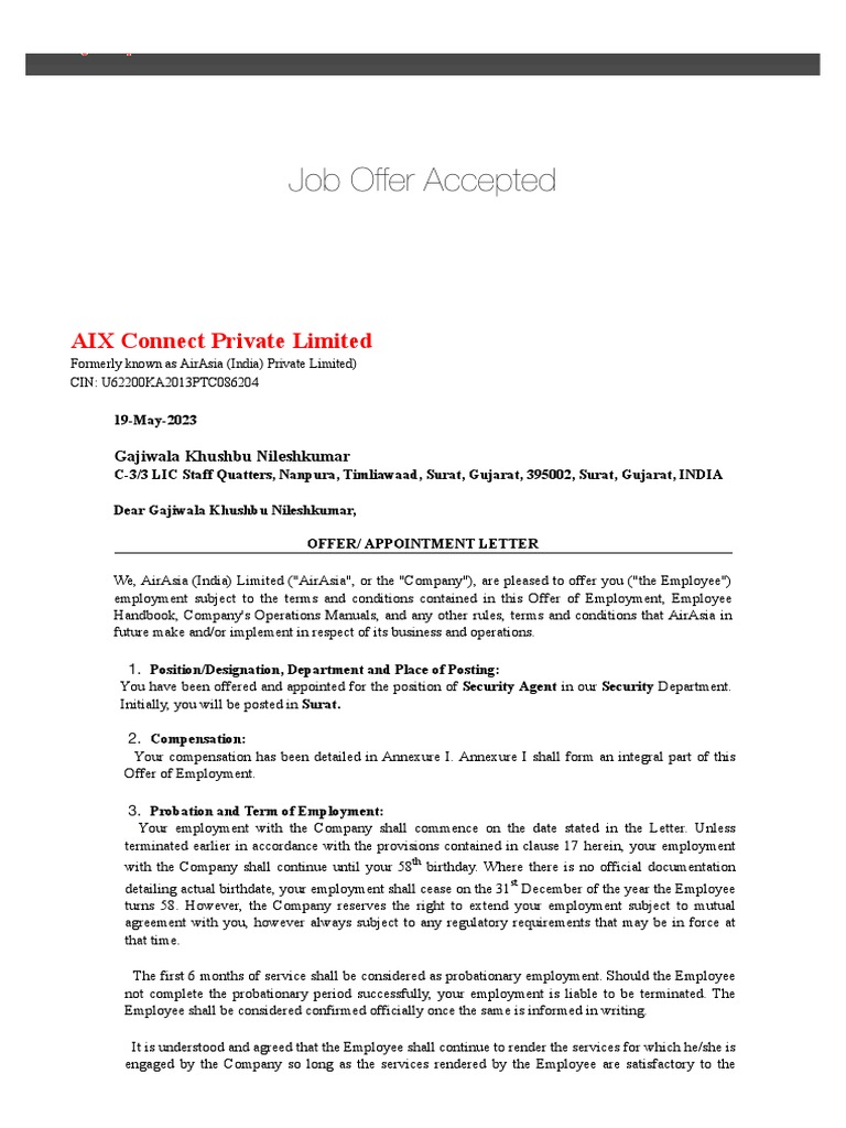 Offer Letter Air Asia | Download Free PDF | Indemnity | Non Disclosure ...