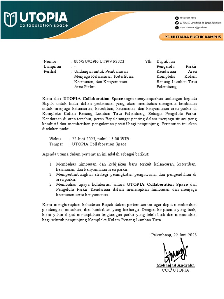 Surat Undangan Kepada Pengelola Parkir 005 - SU - OPR-UTP - VI - 2023 | PDF Surat Undangan Kepada Pengelola Parkir 005 - SU - OPR-UTP - VI - 2023 | PDF