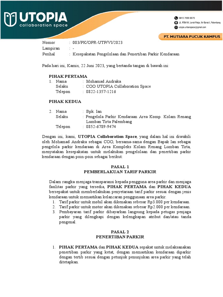 Surat Pemberitahuan Kepada Pengelola Parkir 003 - SPB - OPR-UTP - VI - 2023 | PDF