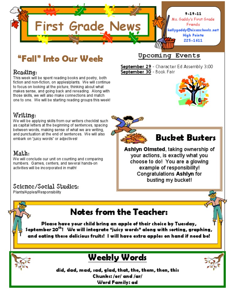 First Grade Weekly Newsletter: Apples & Learning | PDF