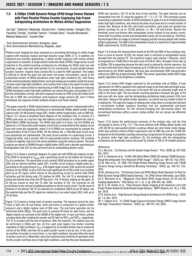 7.5 A 250fps 124dB Dynamic-Range SPAD Image Sensor Stacked With Pixel ...