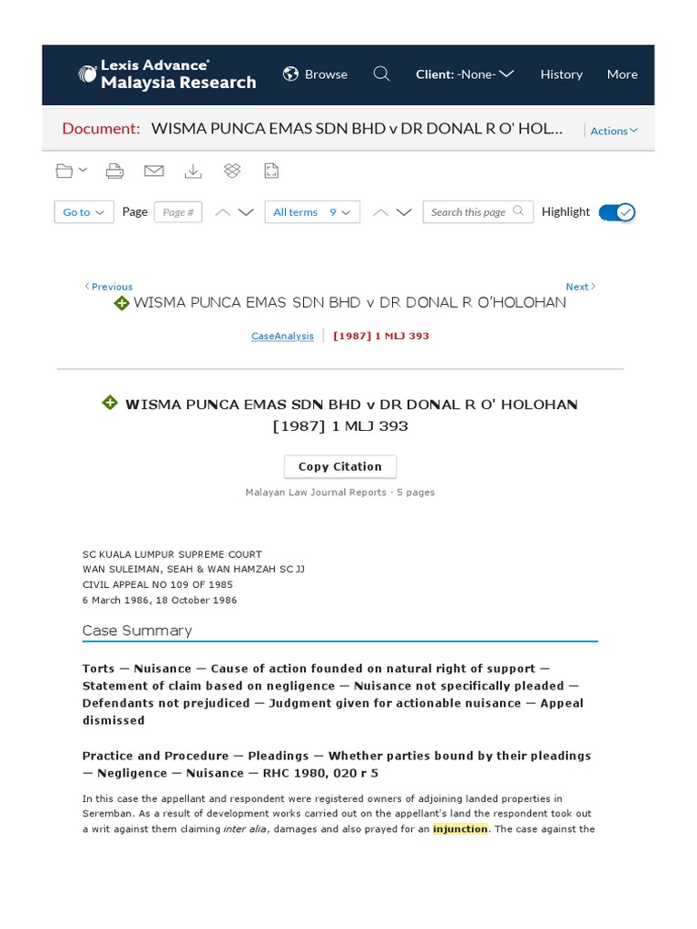 Wisma Punca Emas SDN BHD V DR Donal R O' Holohan, (1987) 1 MLJ 393 ...
