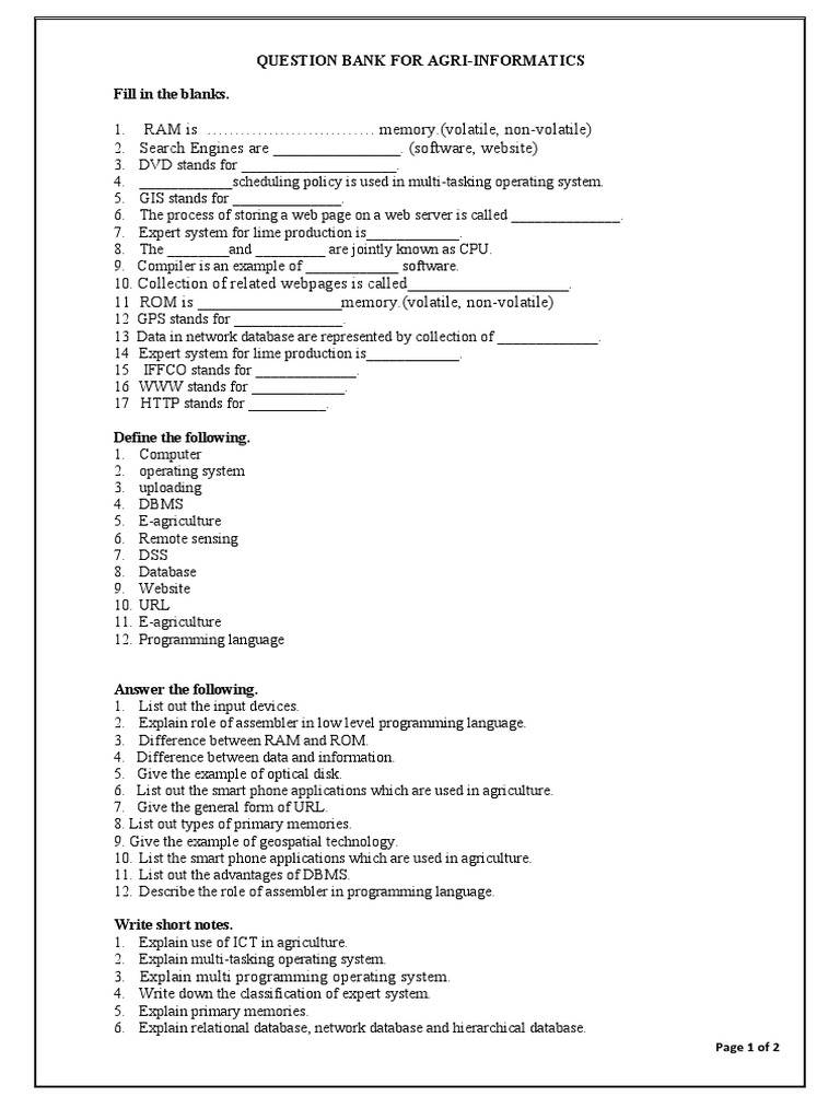 Question Bank For Agri Informatics Pdf Databases Computer Data Storage