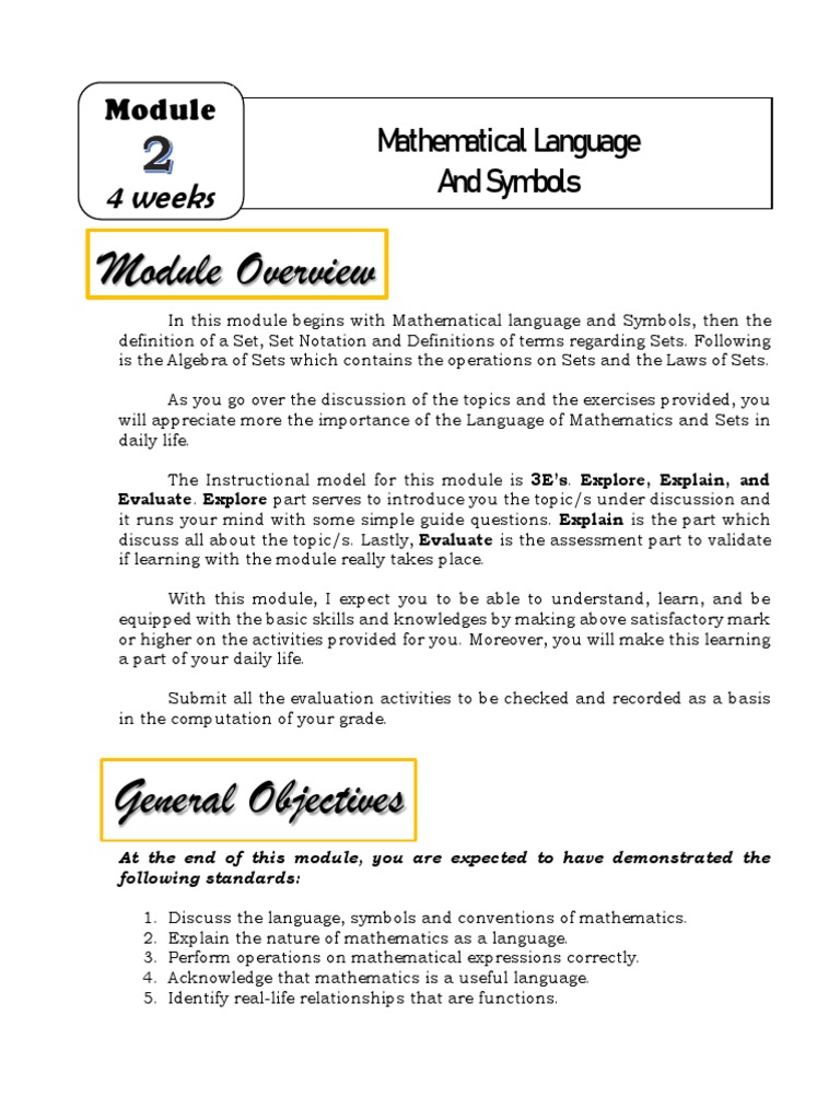 2021 Module 2 - Mathematical Language and Symbols | PDF | Set (Mathematics) | Numbers