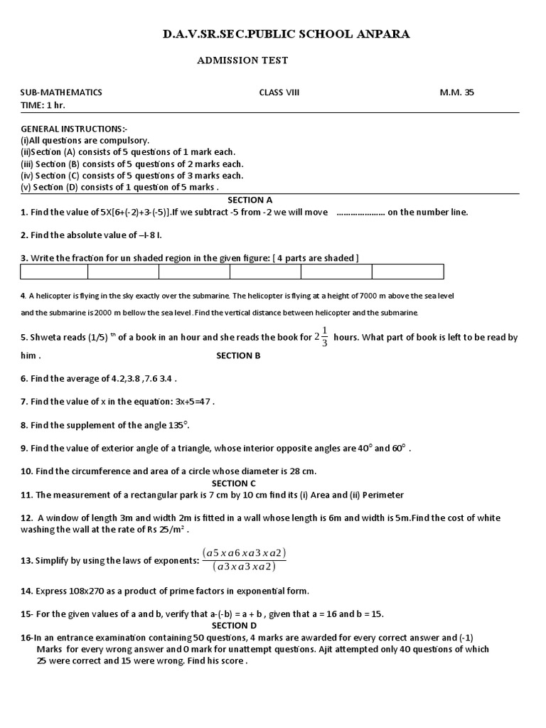 Q Paper Admission Test Maths Class Viii | PDF | Area | Length