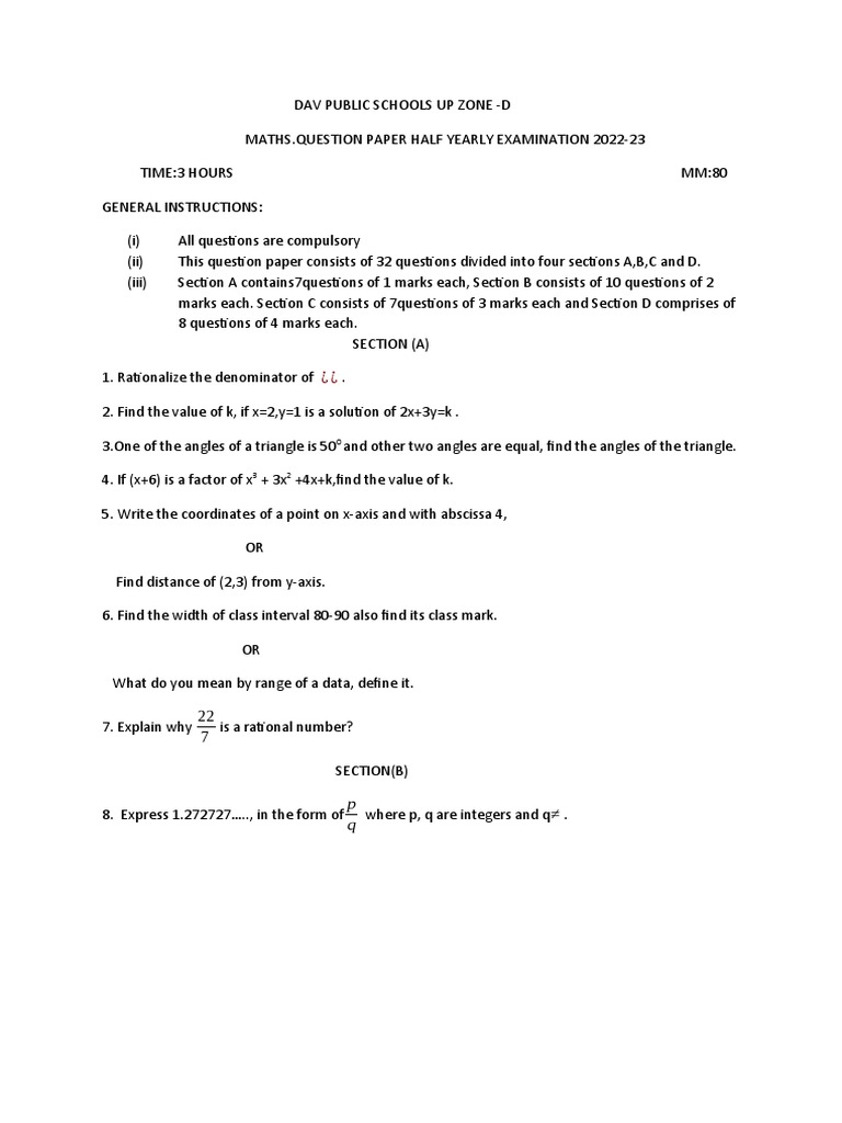 Class 9 Half Yearly Maths Paper 2022-23 | PDF | Triangle | Area