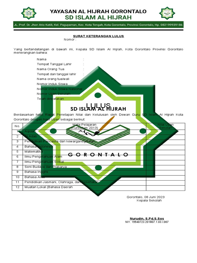 Surat Keterangan Lulus SD Islam Al Hijrah Tahun 2023 | PDF