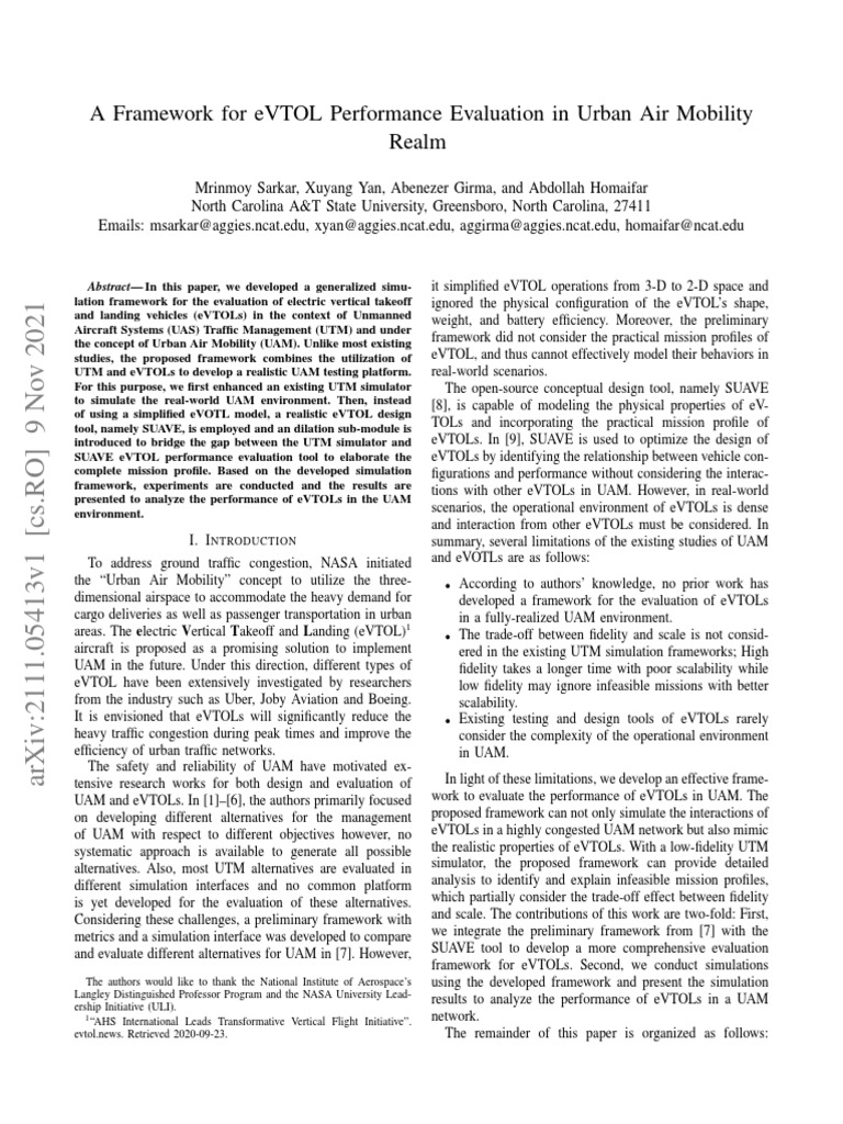 A Framework For EVTOL Performance Evaluation in Urban Air Mobility Realm | PDF | Simulation ...