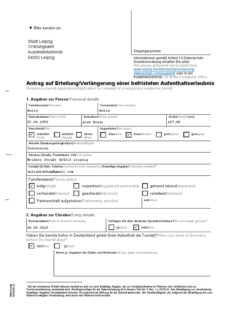 Antrag Auf Erteilung Verlaengerung Einer Befristeten Aufenthaltserlaubnis | PDF