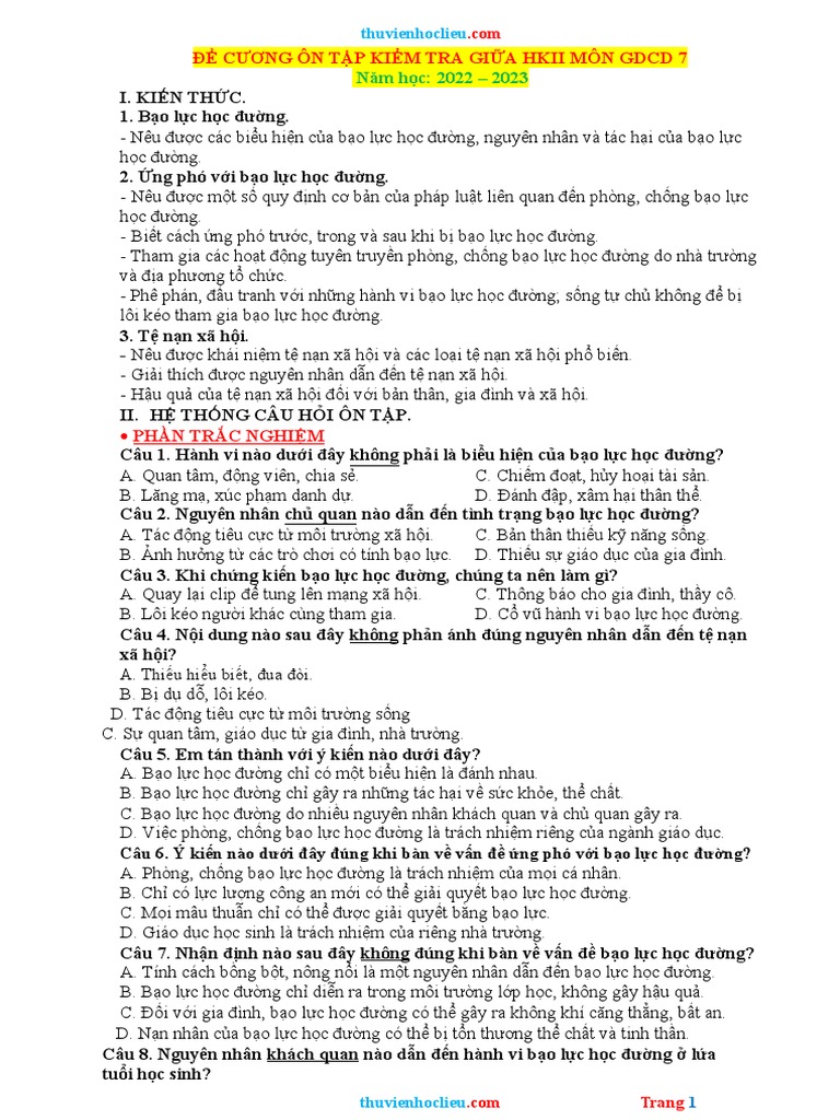 De Cuong On Tap GDCD 7 Giua HK2 Nam 22 23 | PDF