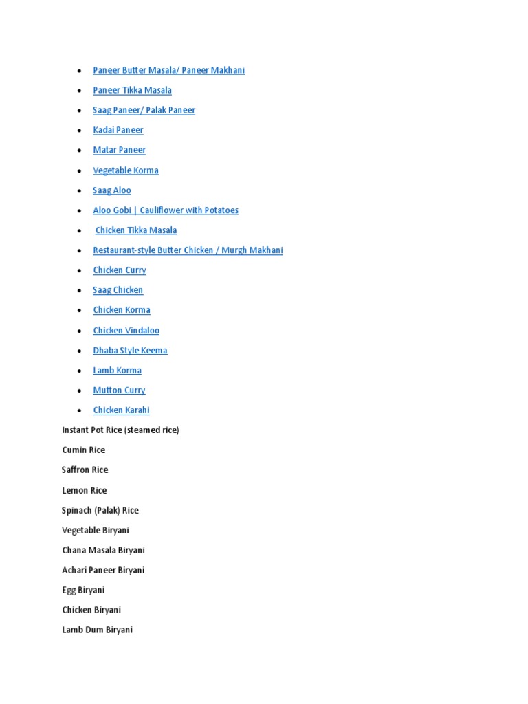 Menu List | PDF | Food And Drink Preparation | Food And Drink