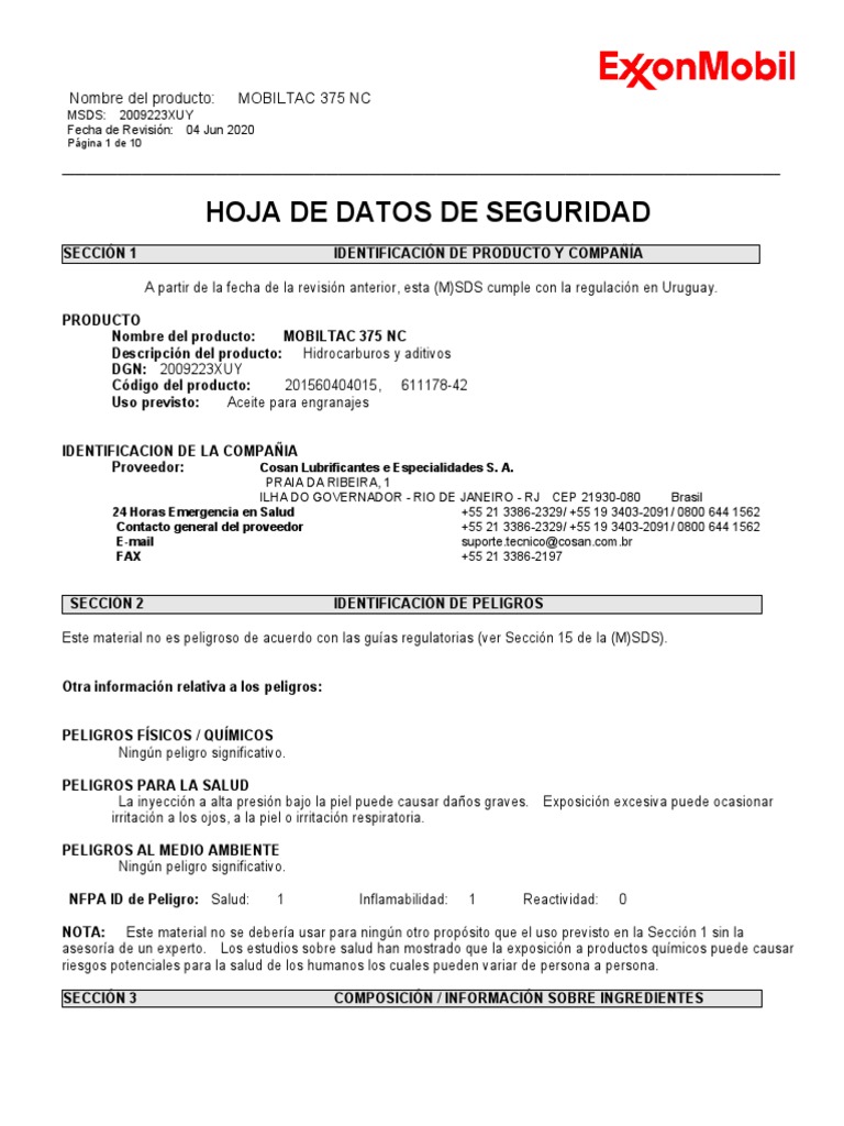 Hoja de Seguridad MOBILTAC 375 NC | PDF | Agua | Higiene