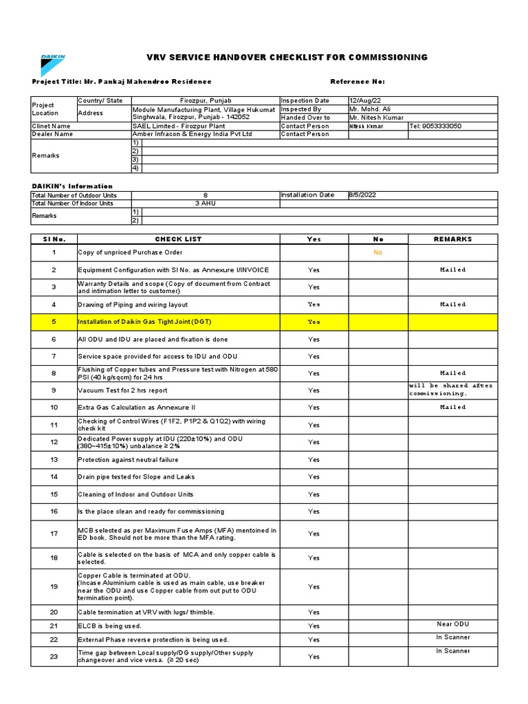 Pre Commissioning Checklist | PDF | Duct (Flow) | Pipe (Fluid Conveyance)