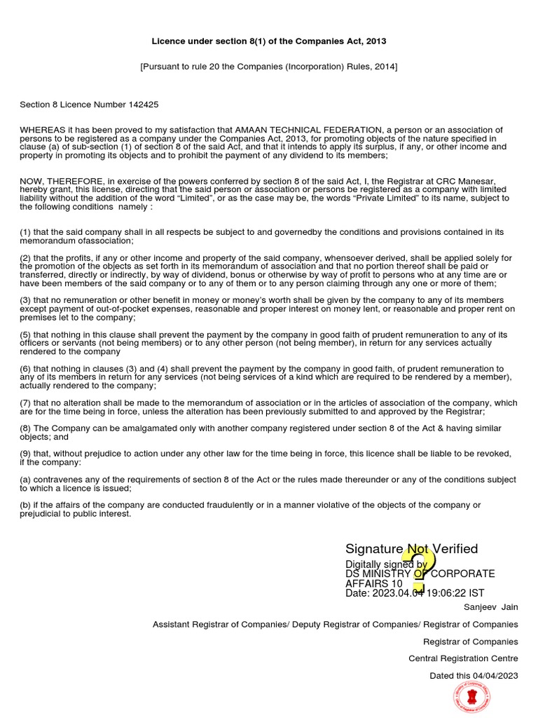 Section 8 Company Licence Grant | PDF | License | Dividend